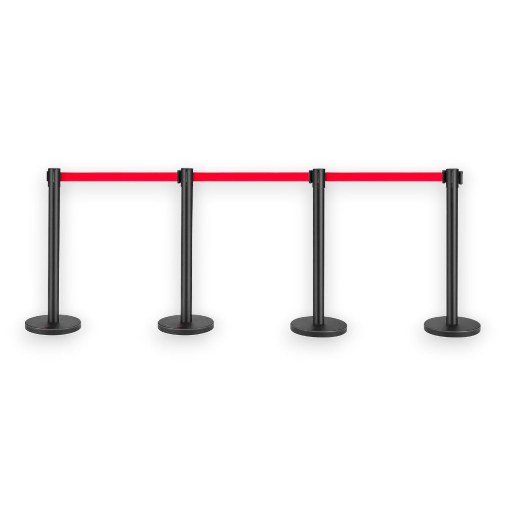 Black Retractable Barrier Posts – Set of 4 with 2m Red Belts, 4-Way Co ...