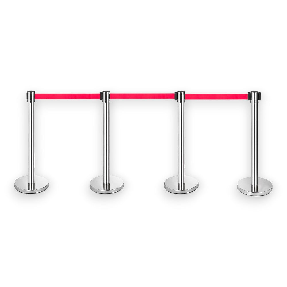 Silver Retractable Barrier Posts – Set of 4 with 2m Red Belts, 4-Way C ...