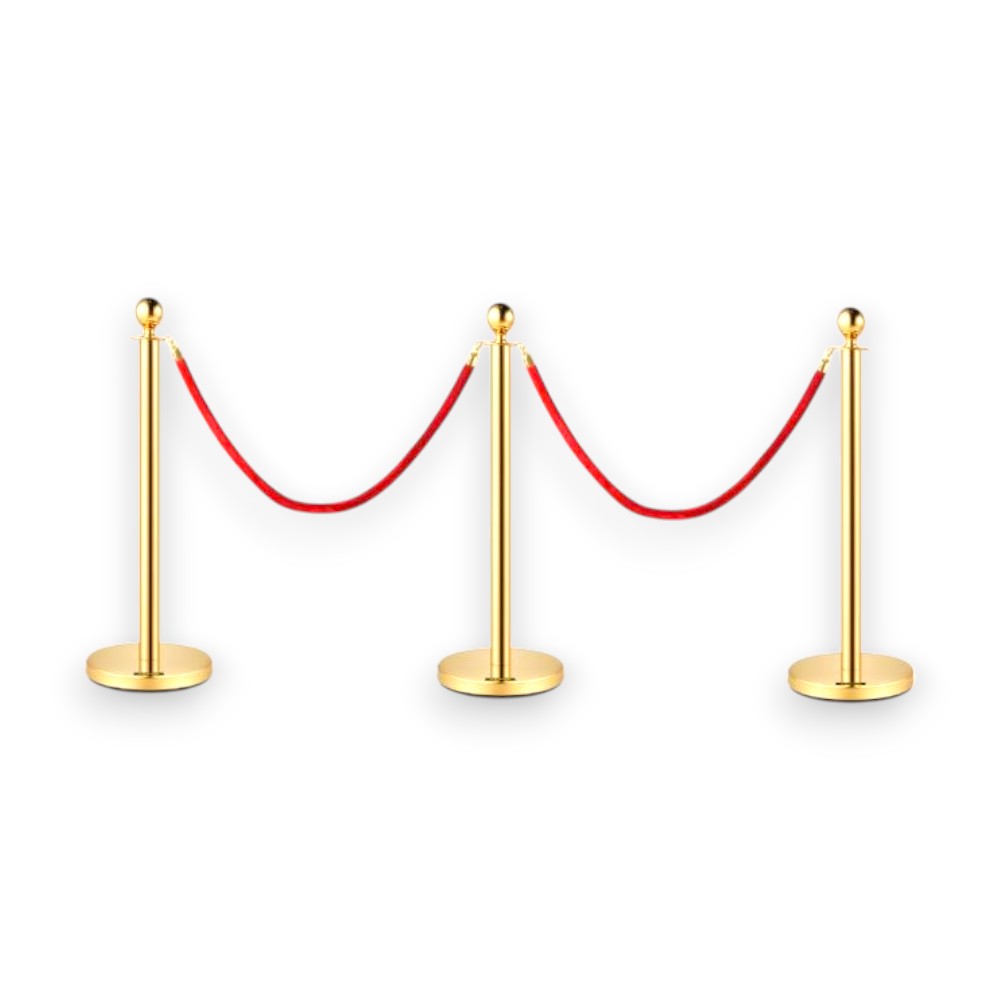 Gold Queue Bollard Post Set of 3 Posts + 2 Red Ropes – BIZ DISPLAY ELITE